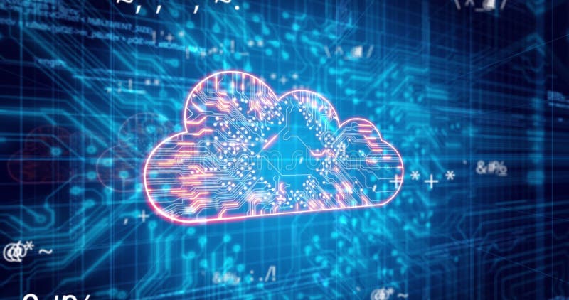 Image of Digital Cloud, Math Symbols and Integrated Circuit on Blue Background Stock Image ...