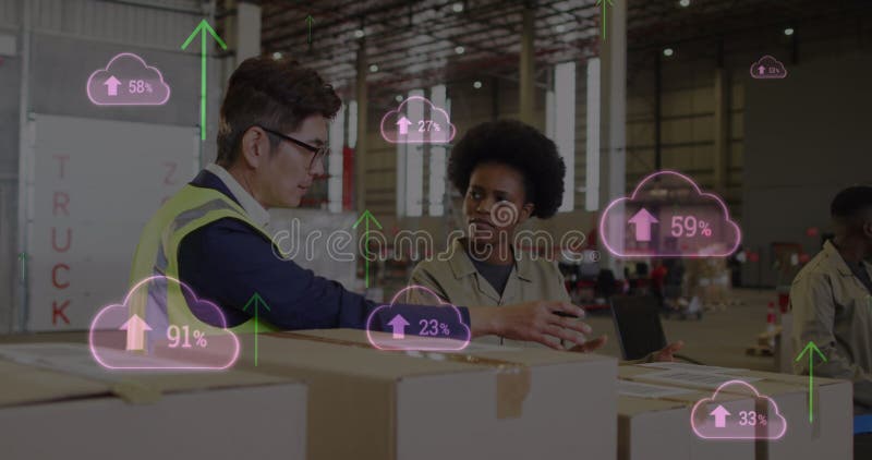 Image of Digital Clouds and Data Processing Over Diverse People Working ...