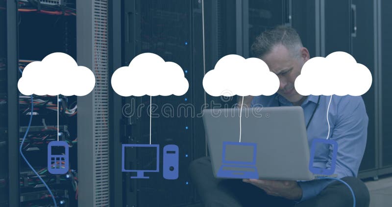 Image of Digital Clouds with Electronic Devices Over Caucasian it Technician with Laptop Stock ...