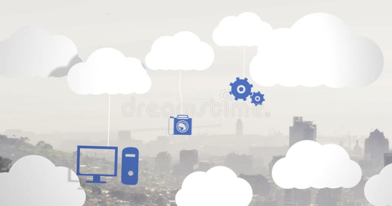 Image of Digital Clouds with Electronic Devices Over Cityscape Stock Illustration - Illustration ...