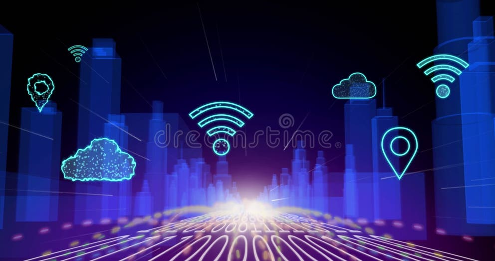 Image of Digital Clouds and Icons Flying Over Cityscape and Binary Coding Stock Illustration ...