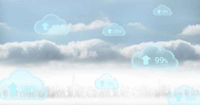 Image of Digital Clouds with Percent Going Up Over Cityscape Stock ...