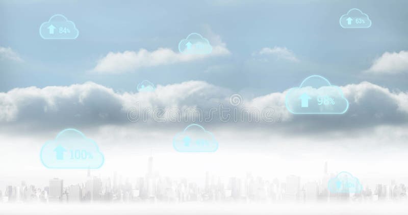 Image of Digital Clouds with Percent Going Up Over Cityscape Stock ...