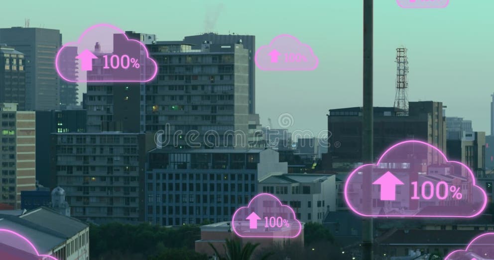 Image of Digital Clouds with Uploading Floating Over Cityscape Stock ...