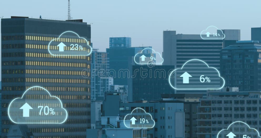 Image of Digital Clouds with Uploading Floating Over Cityscape Stock ...