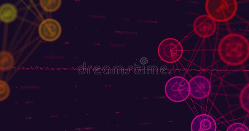 Image Of Digital Computer Icons Interconnecting With Lines And Programming Language Data Stock