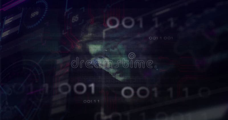 Image Of Digital Data Processing With Binary Coding And Asian Male Hacker Stock Illustration
