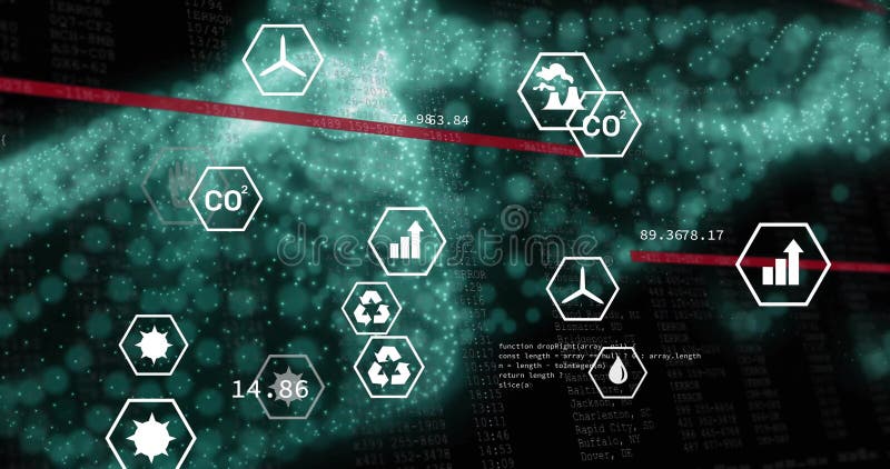 Image of Digital Data Processing and Eco Icons Over Glowing Mesh Stock ...