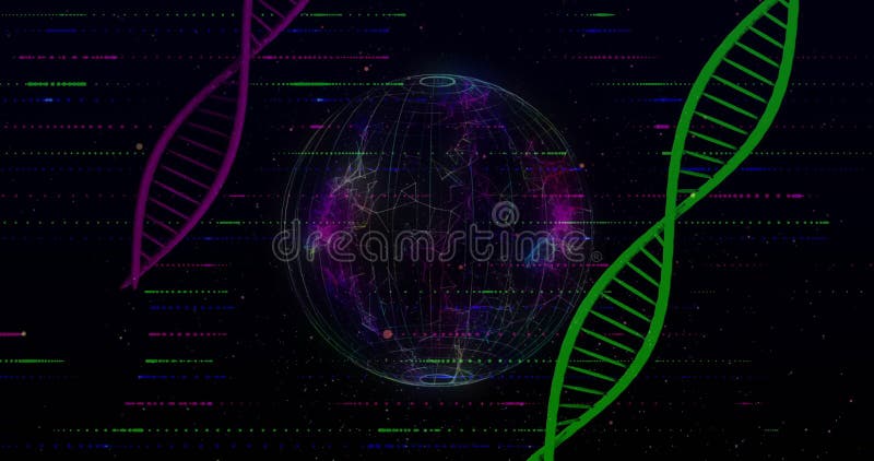 Image of Digital Data Processing, Globe Over Dna Strand Spinning Stock ...