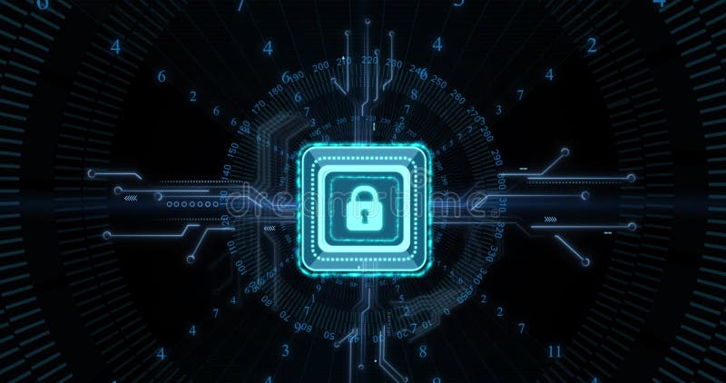 Image of Digital Data Processing and Security Padlock Over Black ...