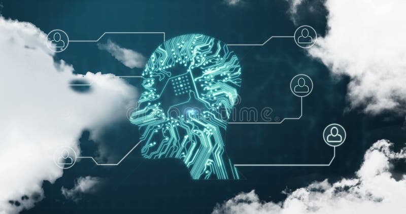 Image of Digital Human Head with Icons Over Clouds Stock Illustration ...