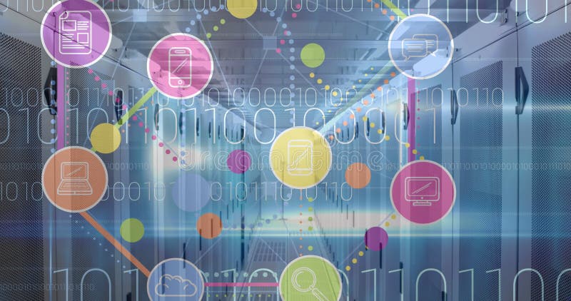 Image of Digital Icons, Binary Coding Over Computer Servers in Background Stock Illustration ...