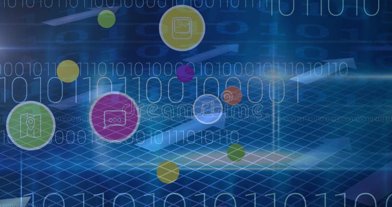 Image Of Digital Icons And Data Processing With Binary Coding Over Arrows On Blue Background
