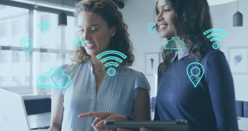 Image of Digital Icons Over Diverse Business People in Office Stock ...