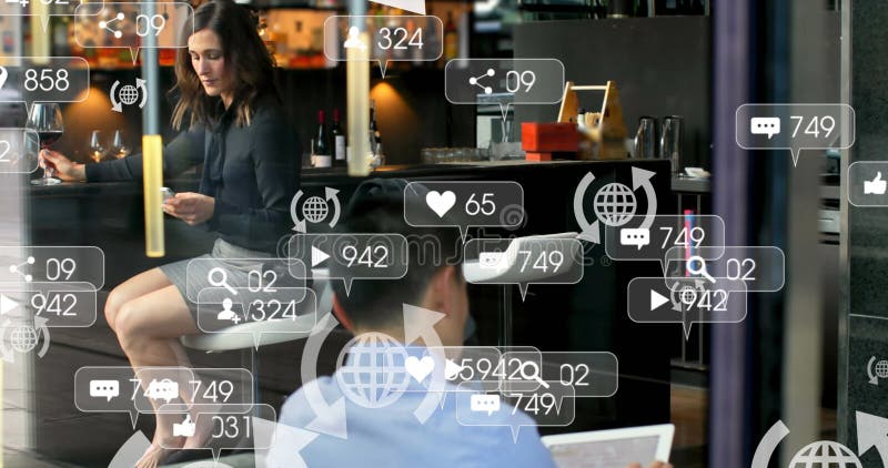 Image of Digital Icons Over Woman Using Smartphone Stock Illustration ...