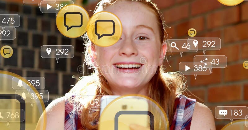 Image of Digital Icons Over Woman Using Smartphone Stock Illustration ...