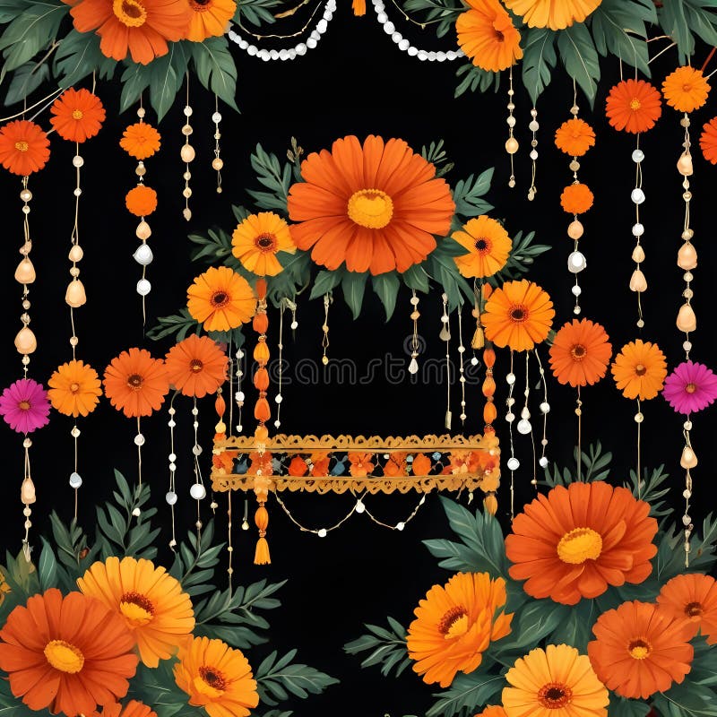 A Vibrant Floral Arch Adorned with Marigolds and Golden Beads. Floral ...