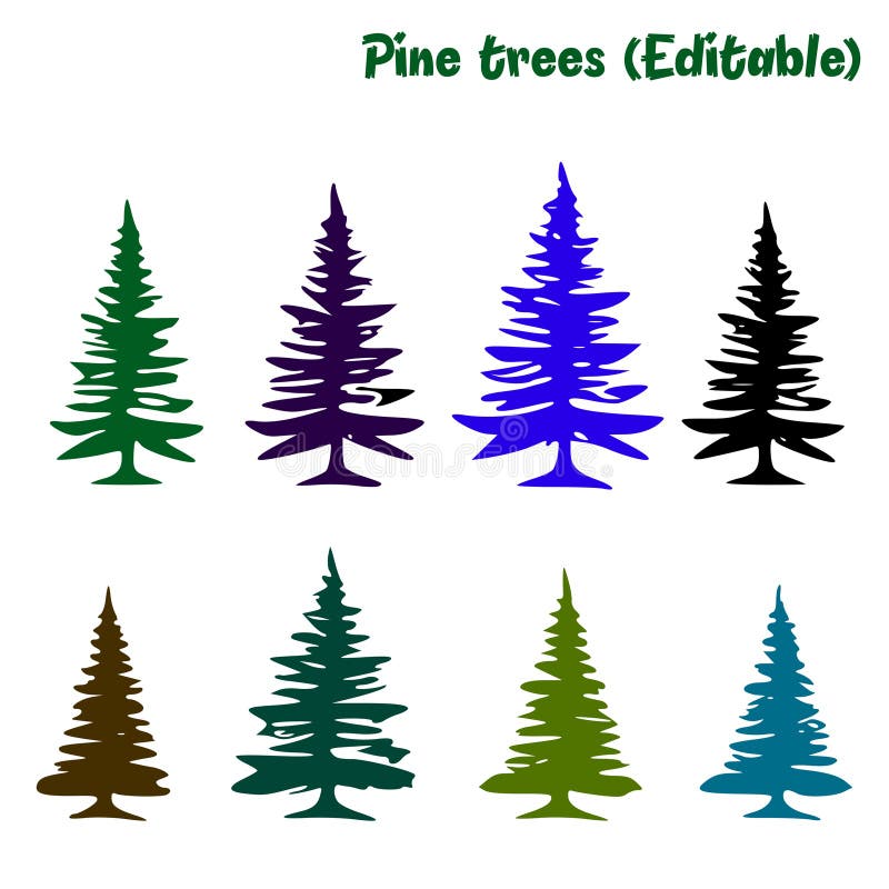 Pine Trees Vector. Stylized Pine Tree Silhouettes in Diverse Colors and ...