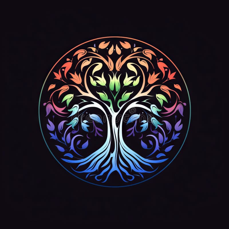 Colorful Tree of Life Symbol on a Black Background. Stock Illustration ...