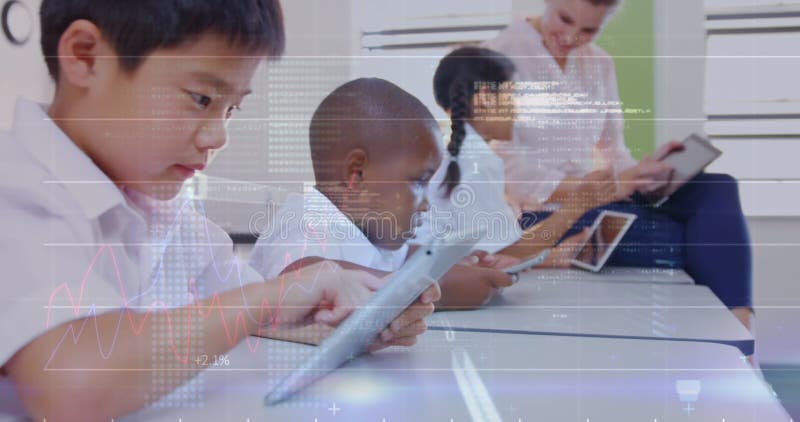 Image of Digital Interface and Data Moving Over Smiling Schoolboy ...