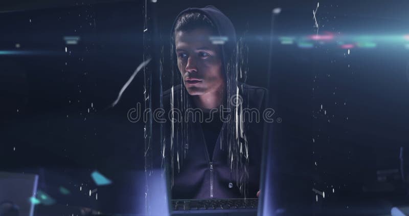 Image of Digital Interface with Data Processing and Male Hacker Using Computer Stock Photo ...