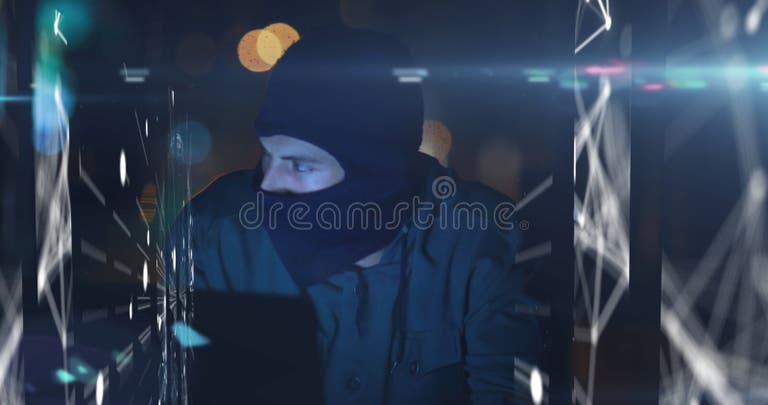 Image of Digital Interface with Data Processing Over Male Hacker in ...