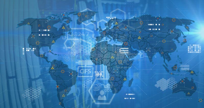 Image of Digital Interface and Data Processing Over World Map on Blue ...