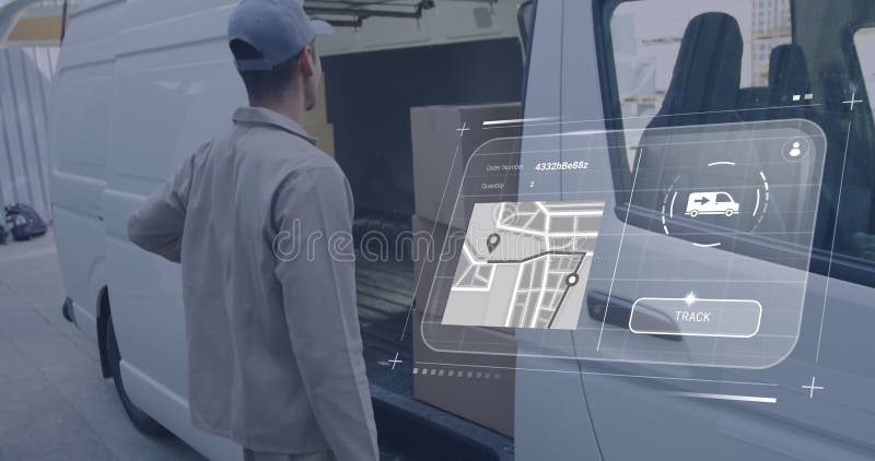 Image of Digital Interface with Map and Data Processing Over Caucasian ...