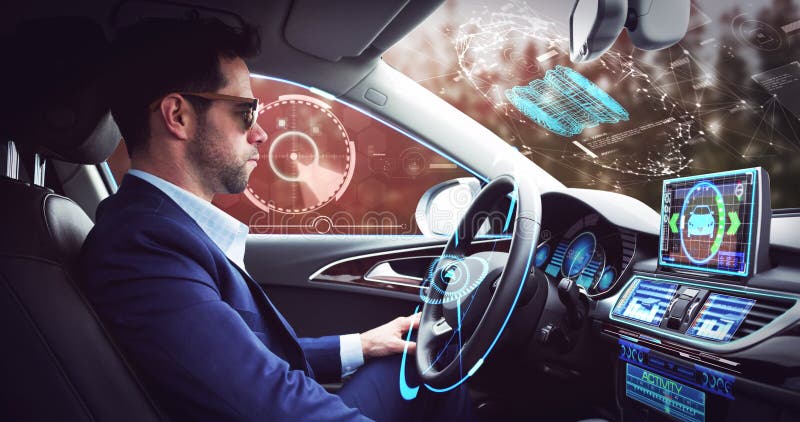 Image of Digital Interface Over Businessman in Self-driving Car Stock ...