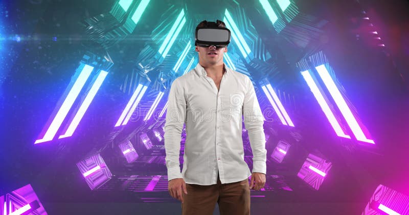 Image of Digital Interface Over Man Wearing VR Headset and Glowing Neon ...
