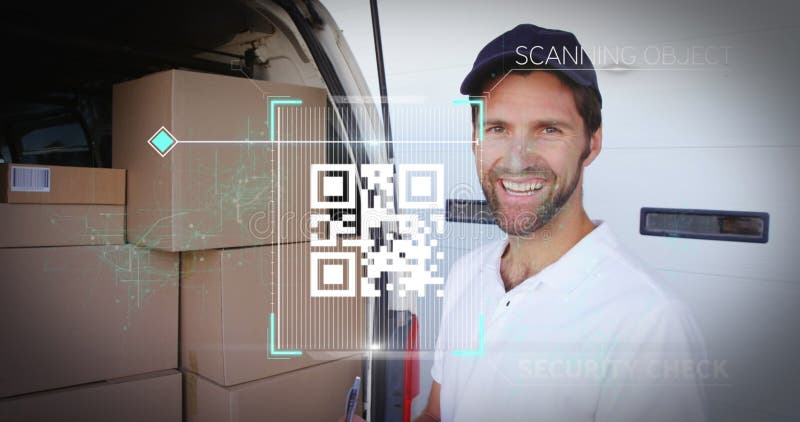 Image of Digital Interface with Qr Code Being Scanned Over Male ...