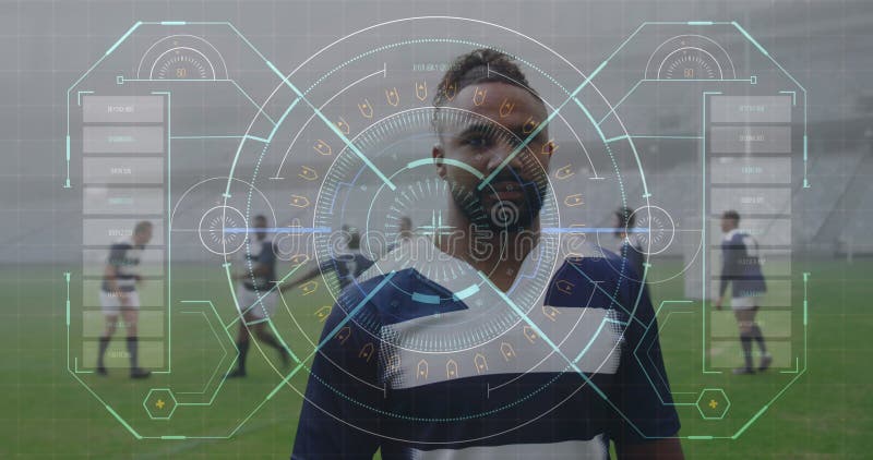 Image of Digital Interface with Safe Lock Rotating Over Rugby Players ...