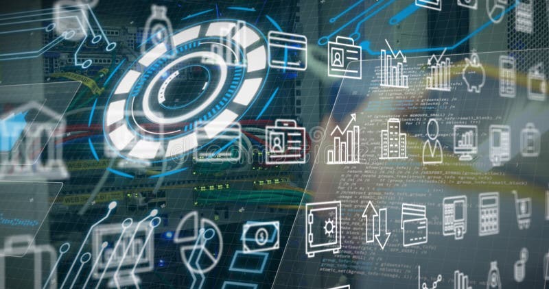 Image of Digital Interface with Scan Scoping and Icons Over Server Room ...