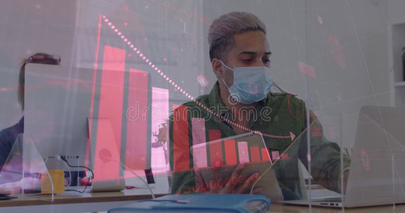 Image of Digital Interface Showing Statistics with Man Using Tablet in ...