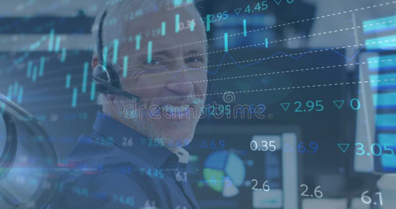 Image of Digital Interface Showing Statistics with Man Working in an ...