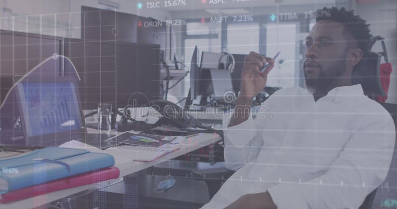 Image of Digital Interface Showing Statistics with Man Working in an ...