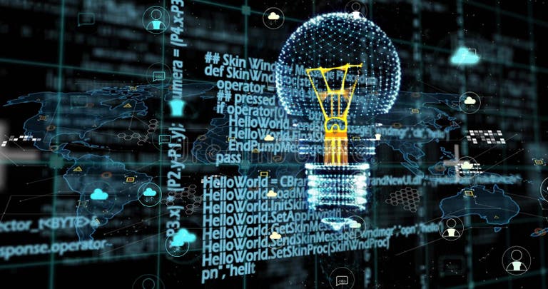 Image of Digital Lightbulb and Media Icons Over World Map and Data Processing Stock Illustration ...