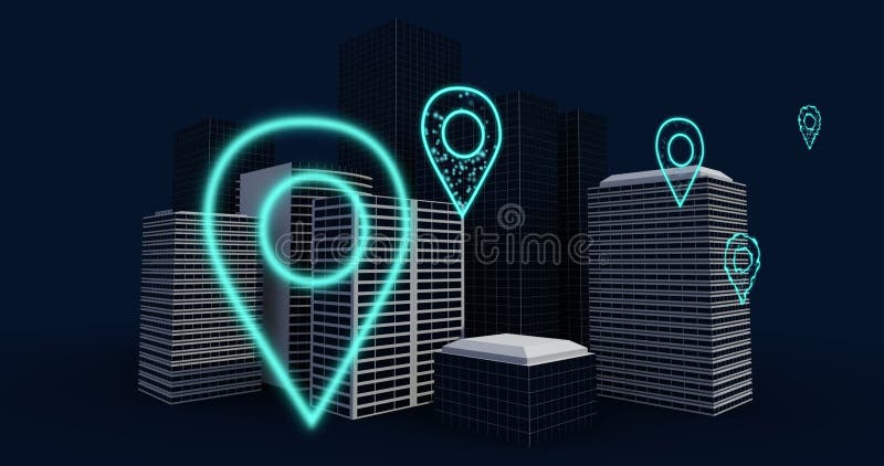 Image of Digital Location Icons Flying Over Cityscape Stock ...