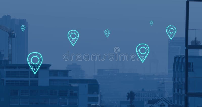 Image of Digital Location Icons Flying Over Cityscape Stock ...