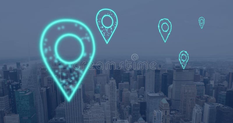 Image of Digital Location Icons Flying Over Cityscape Stock ...