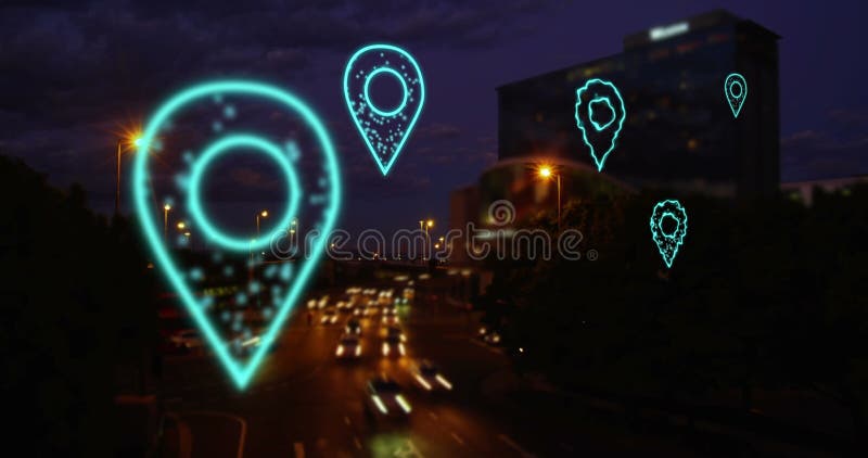 Image of Digital Location Icons Flying Over Cityscape Stock ...
