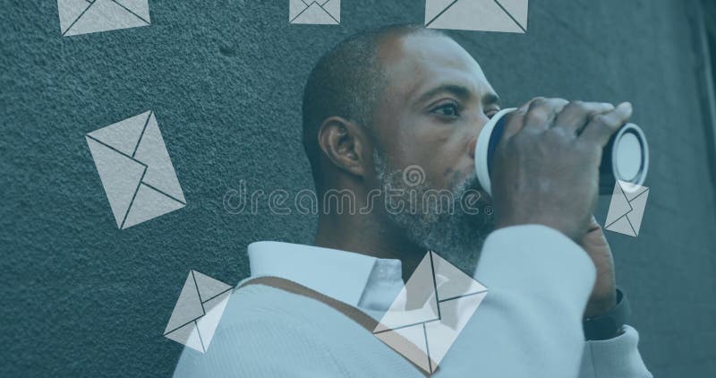 Image of Digital Mail Envelope Icons Over Man Having Coffee and Using ...