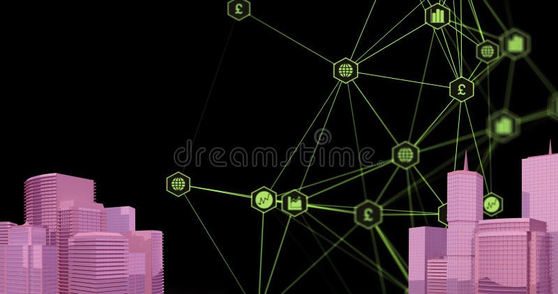 Image of Digital Network of Connections with Icons Over Pink 2d ...