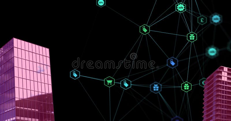 Image of Digital Network of Connections with Icons Over Pink 2d ...