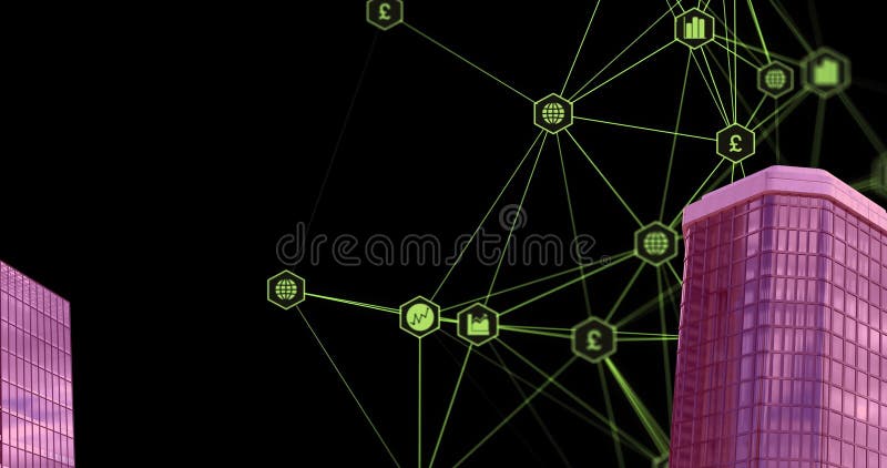 Image of Digital Network of Connections with Icons Over Pink 2d ...