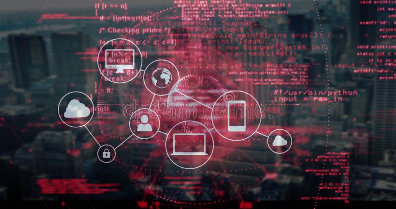 Image of Digital Network Icons with Red Coding Over Cityscape Data Processing Stock Illustration ...
