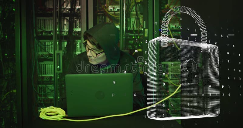 Image of Digital Padlock Over Asian Man Working in Server Room Stock ...