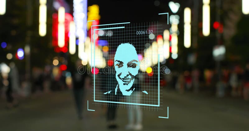 Image of Digital Profile Portraits Processing Over City Street at Night ...