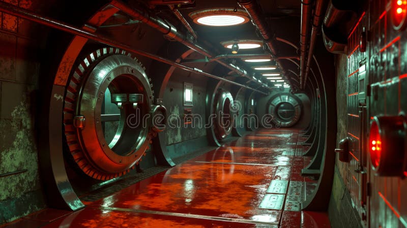 A Long Hallway in a Dark Room with Red Lights Stock Image - Image of ...