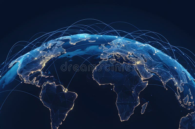 Digital Earth Network Lines Connect Globally, Blue Gold Continents ...
